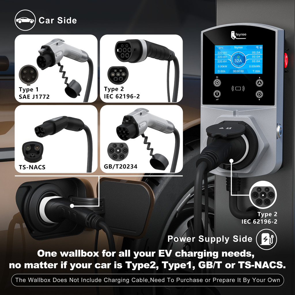 feyree Type2 EV Charger Socket Version 22KW Smart Electric Car Charger for TS-NACS Type1 GB/T ...