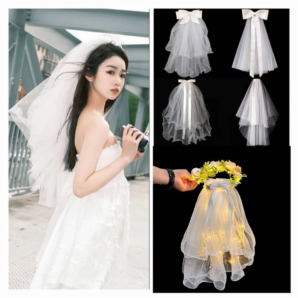 White Bridal Veil Nikah Bride To Be Crown Pengantin Short Veil Tunang ...