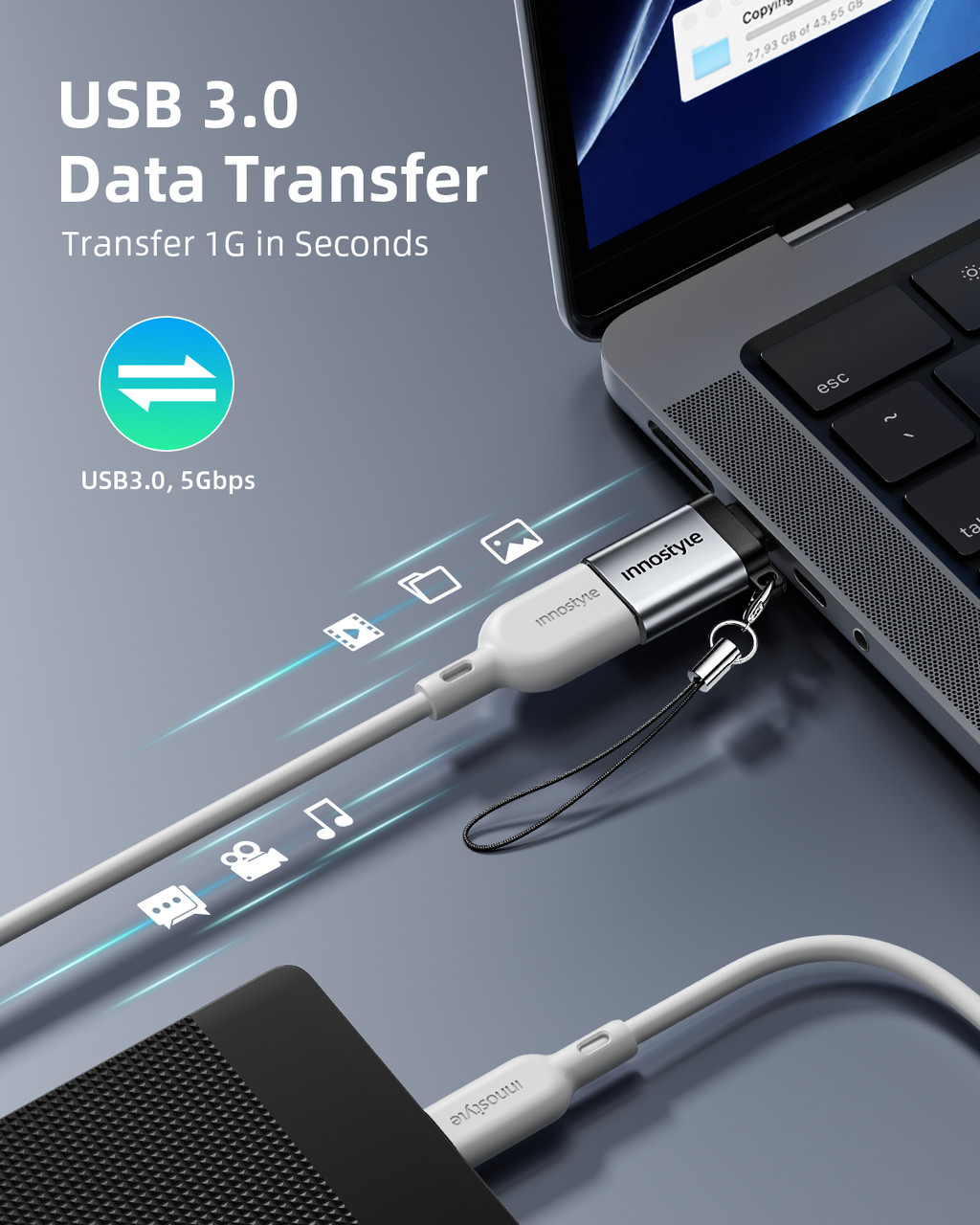InnoStyle NexaLink USB-C to USB-A Female Adapter - USB3.0, 5Gbps with ...