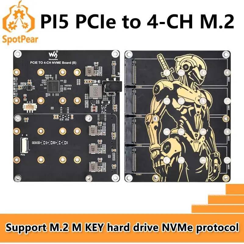 Raspberry Pi 5 PCIe to 4-CH M.2 NVMe 4-Ports SSD Board HAT Pi5 Four ...