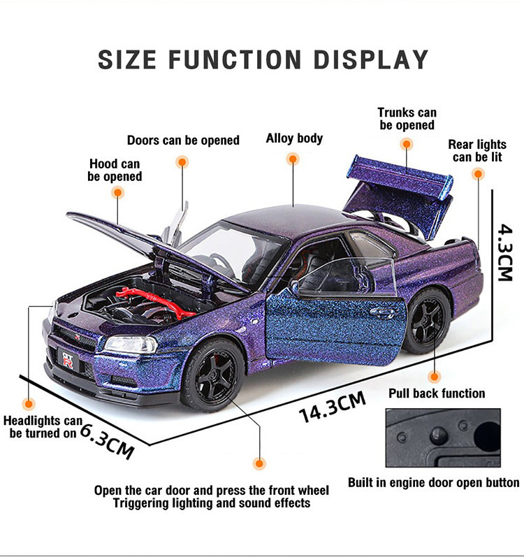 KLT 1:32 NISSAN GTR R34 Metal Alloy Toys Car Model Diecast Vehicle For ...