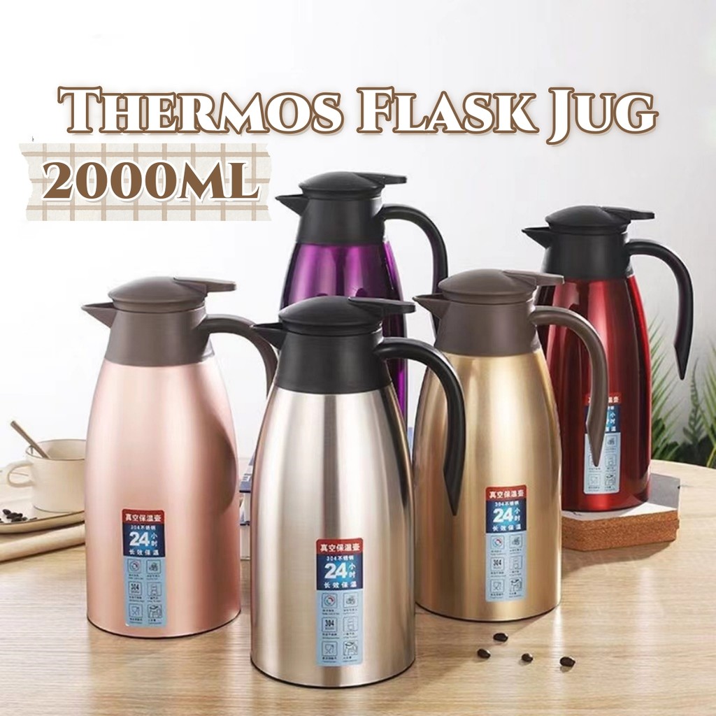 (2L) Stainless Steel 304 Thermos Flask With Press Button Double Layer Vacuum Insulated Water Jug ...