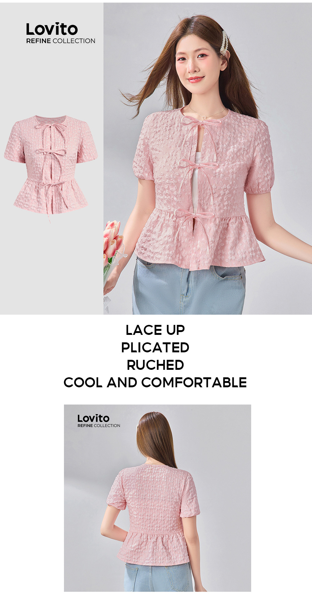 (Refine by Lovito) Cute Blouse Jacquard Fabric Lace Up Ruched Spring ...