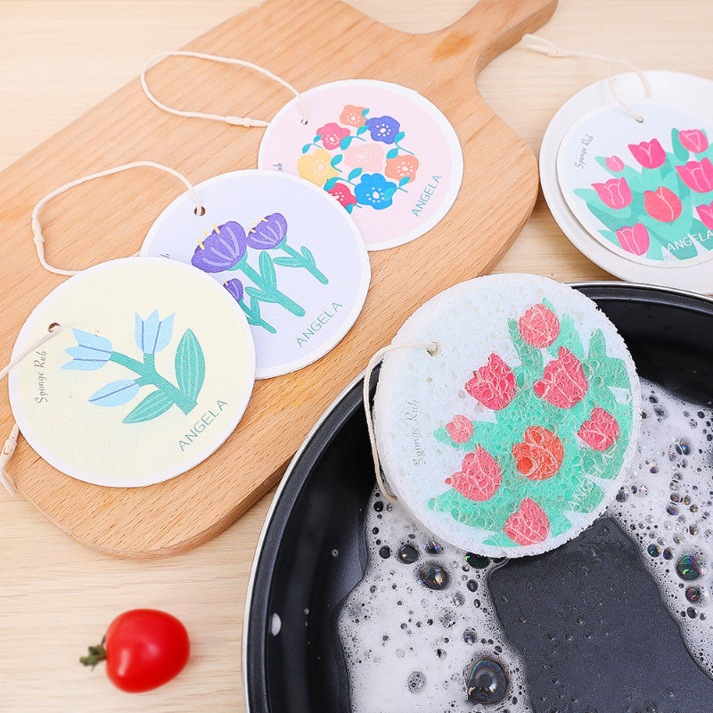 2Pcs Round Flower Wood Pulp Sponge - Dishwashing Sponge Wipe - For ...