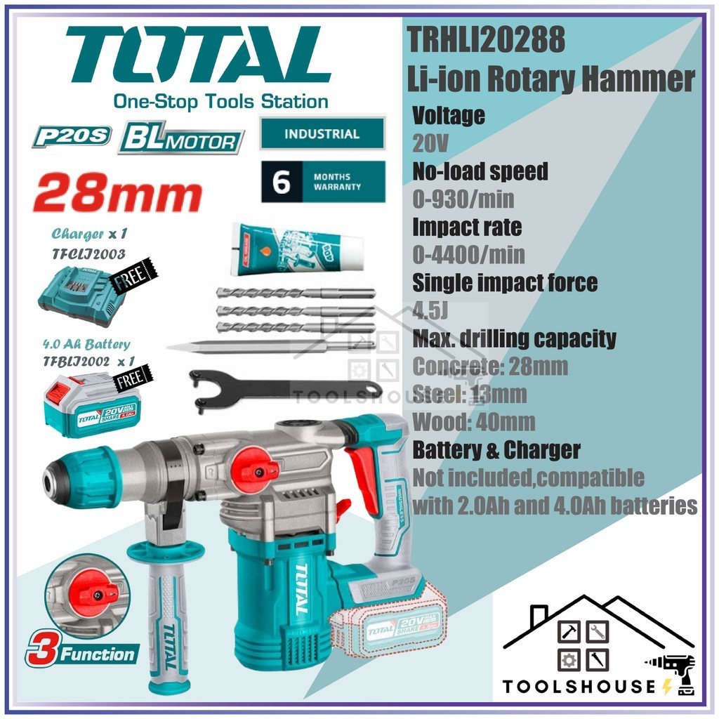 Total TRHLI20288 Li-ion Rotary Hammer Brushless Motor With SDS + Chuck ...
