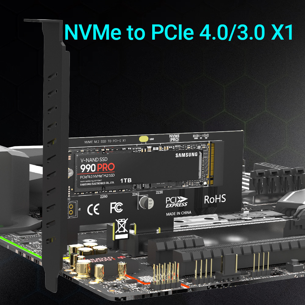 JEYI M.2 NVME SSD to PCIe 4.0 x1 Adapter Card, 2280 SSD PCIE X1 Expansion Card , PCI-E GEN4 ...