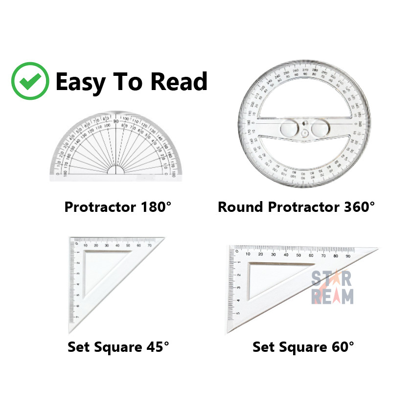 45°/60° Set Square Triangle Ruler/ 180°/360° Protractor Round Ruler ...