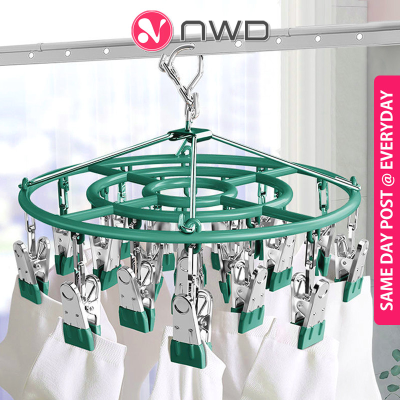 𝗖𝗢𝗠𝗣𝗔𝗖𝗧 𝗗𝗥𝗬𝗜𝗡𝗚 》24 Clips Stainless Steel Laundry Drying Hanger Rack Rotating Windproof ...