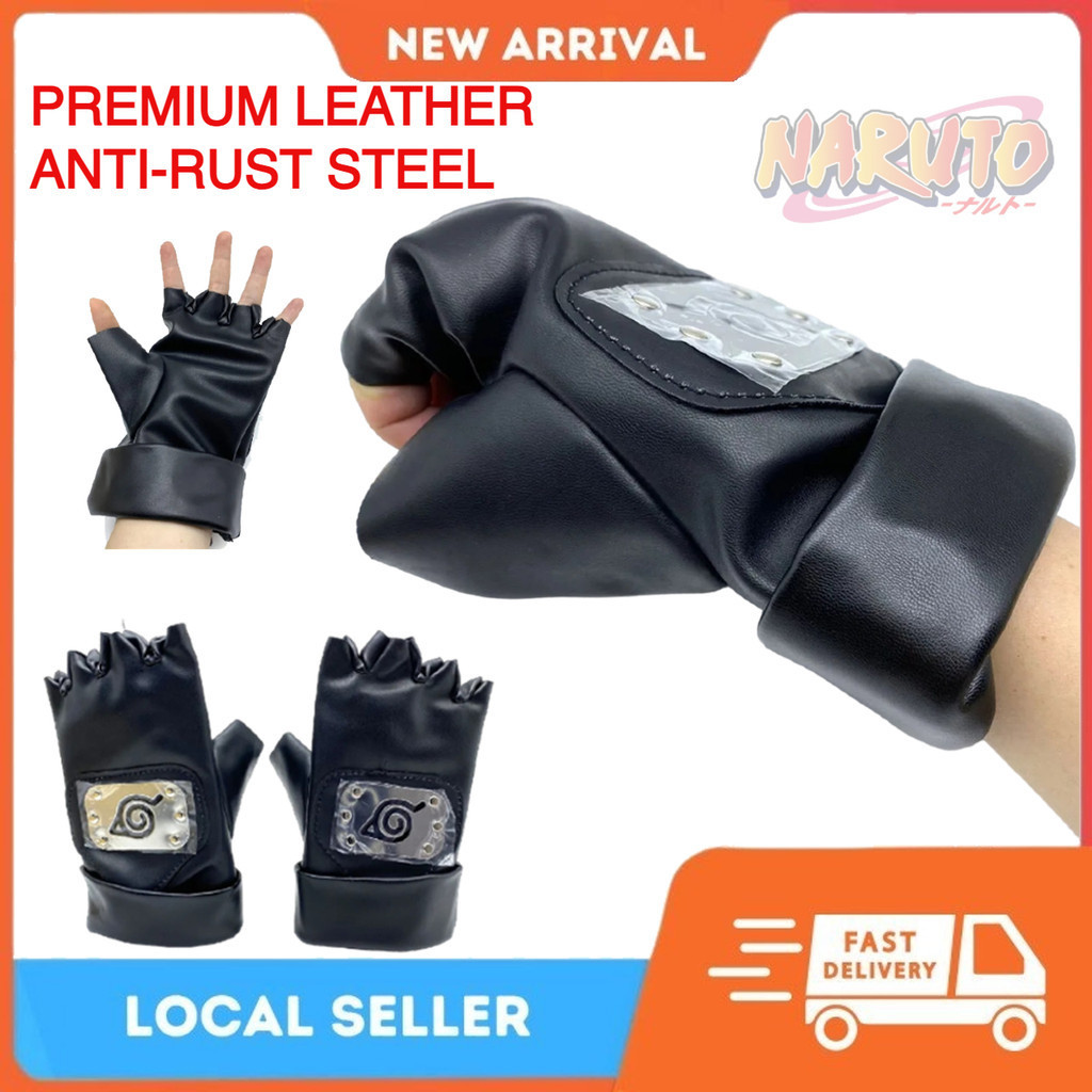 (PREMIUM LEATHER) 1 Pair Naruto Leather Hand Glove Half Glove Kakashi ...