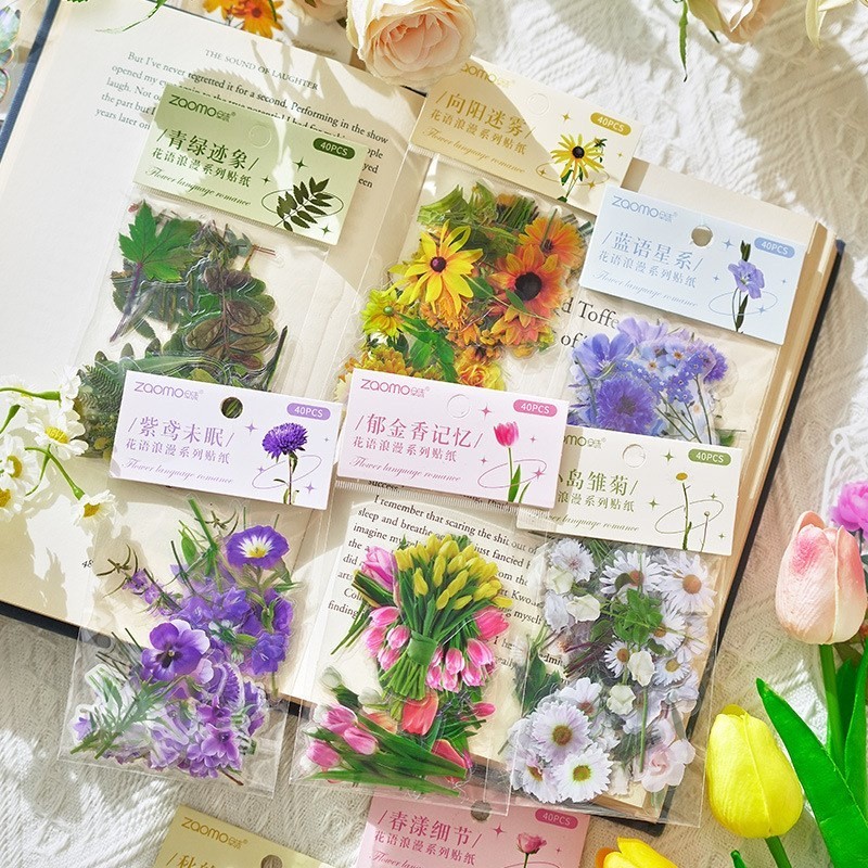 40 Pcs Vintage Flowers Plants Stickers DIY Decoration PET Scrapbook ...