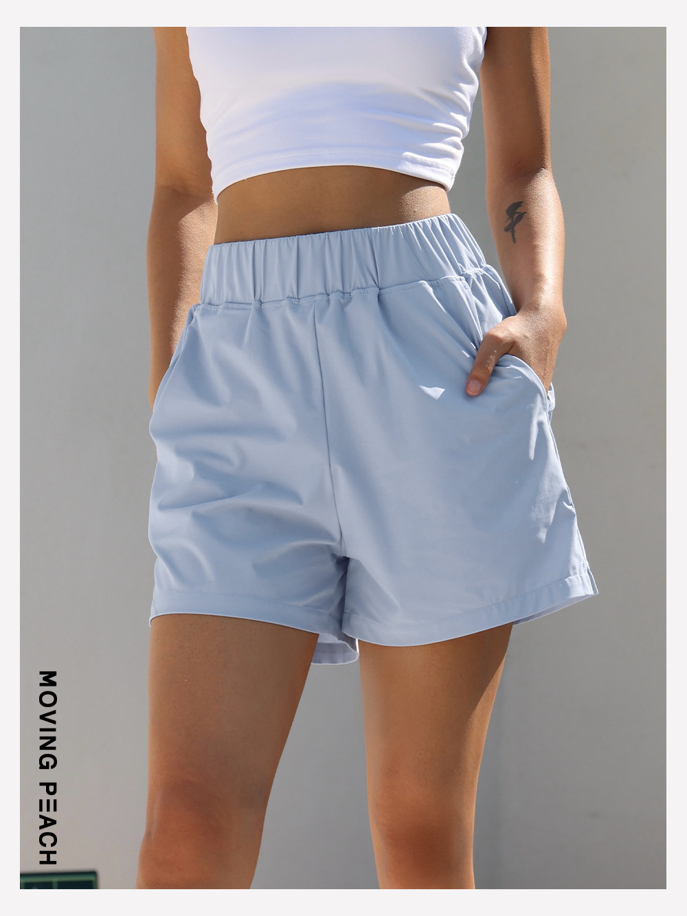 MOVING PEACH Shorts for Women High Waist Sports Shorts Front Hand ...