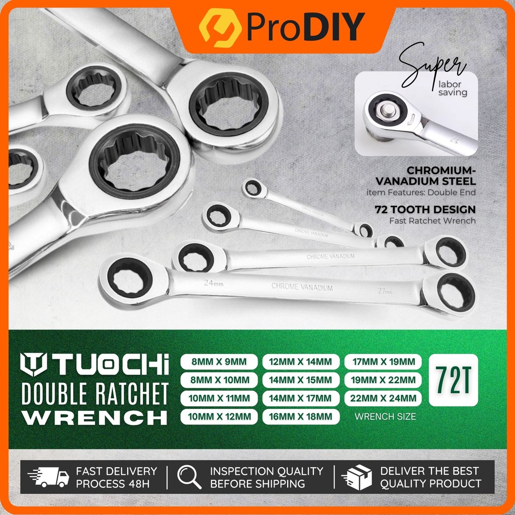 TUOCHI Double Ratchet Wrench 72T (8-24 mm) Chrome Vanadium Ratchet ...