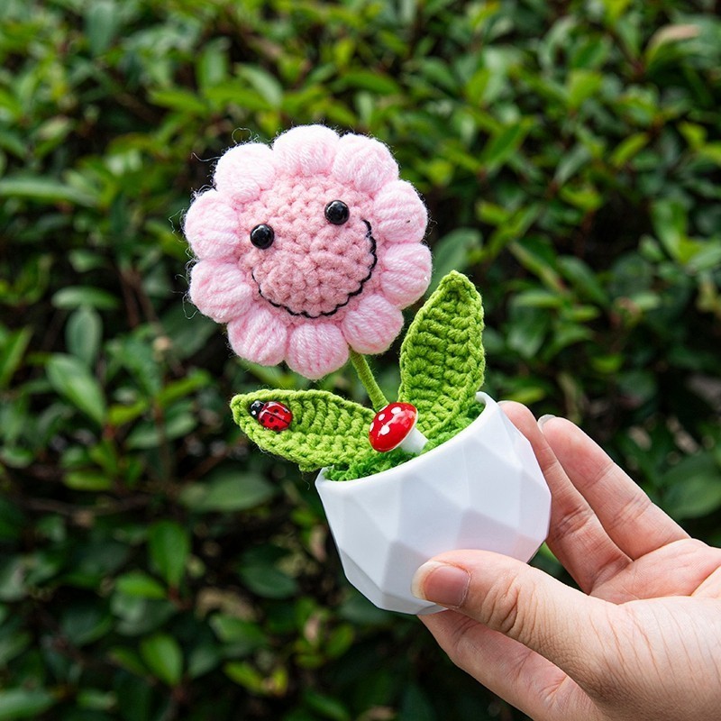 Ins Smiley Sunflower Pot Cute Woolen Desktop Puffs Mini Woolen Flower ...