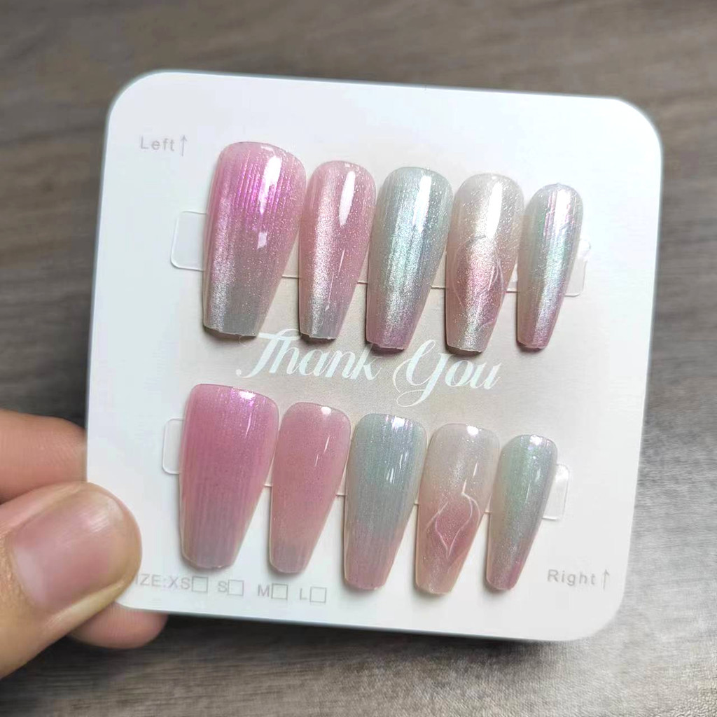 10 PCS/set Fake Nails Handmade Relief Fish Tail Design Cat Eye Fake ...