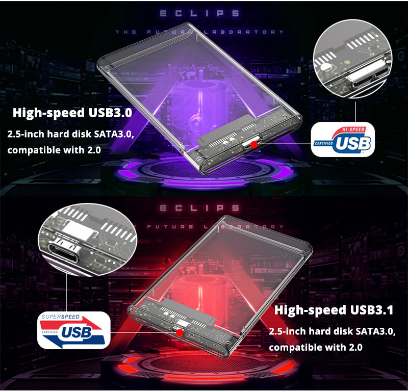 SATA To USB3.1 SSD Enclosure 2.5 Inch Transparent External Hard Disk ...