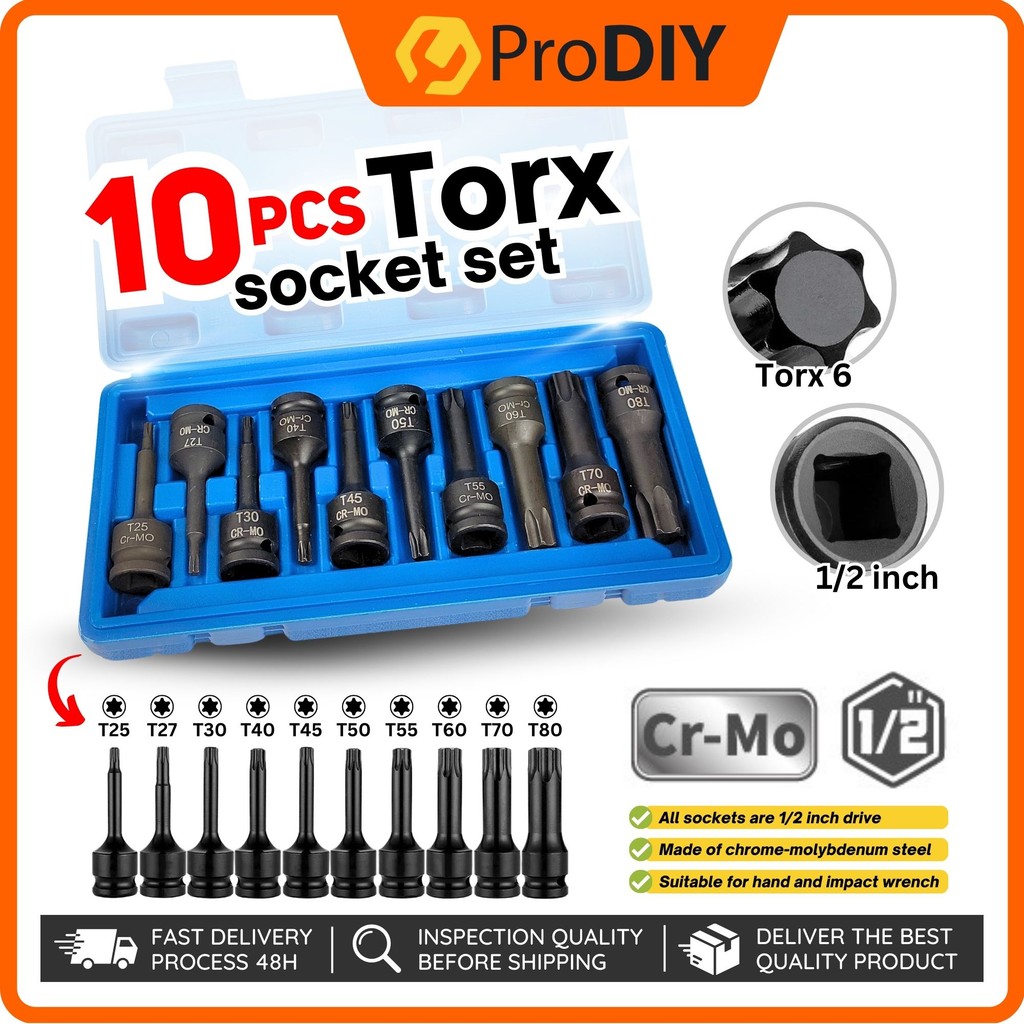 10pcs 1/2 Inch Torx Impact Socket Set T25-T80 CR-MO Set T Type Impact ...