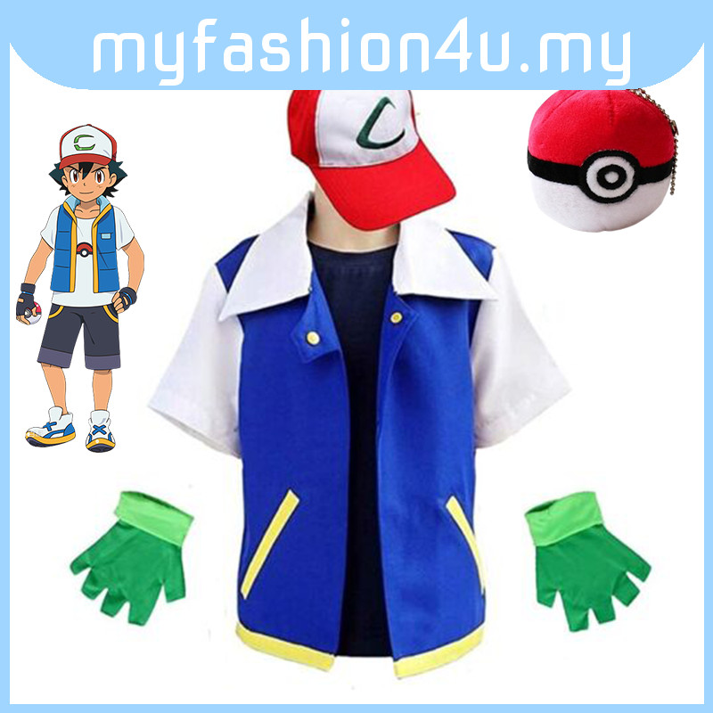 Pokemon Ash Ketchum Cosplay Costume Full Set Adults Jacket Gloves Hat ...