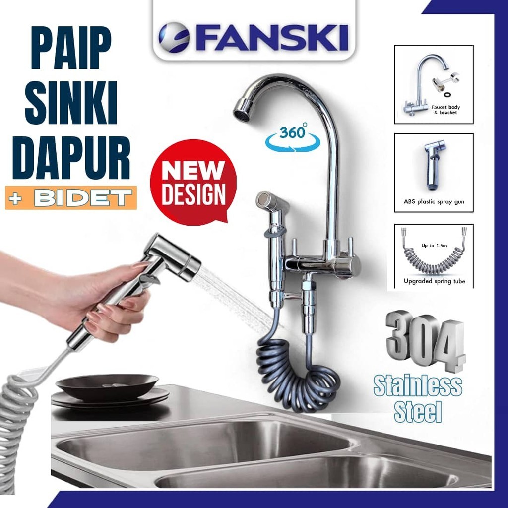 Wall Mounted Kitchen Tap with Spray Gun Bidet 360° Rotatable Single ...