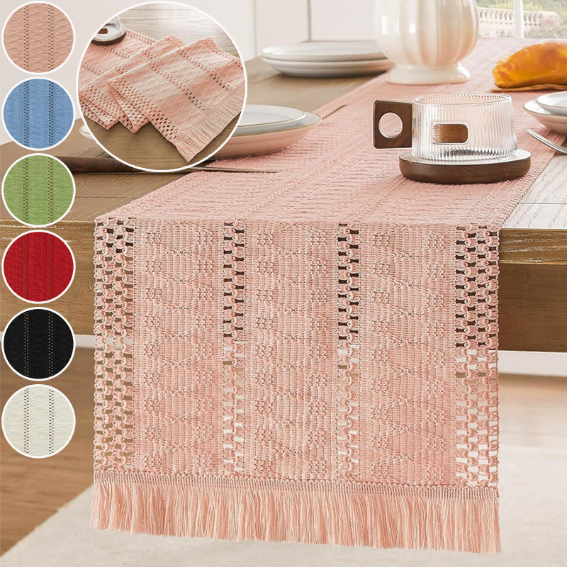 Table Runner Bohemian Style Cotton and Linen Woven Tassel Striped ...