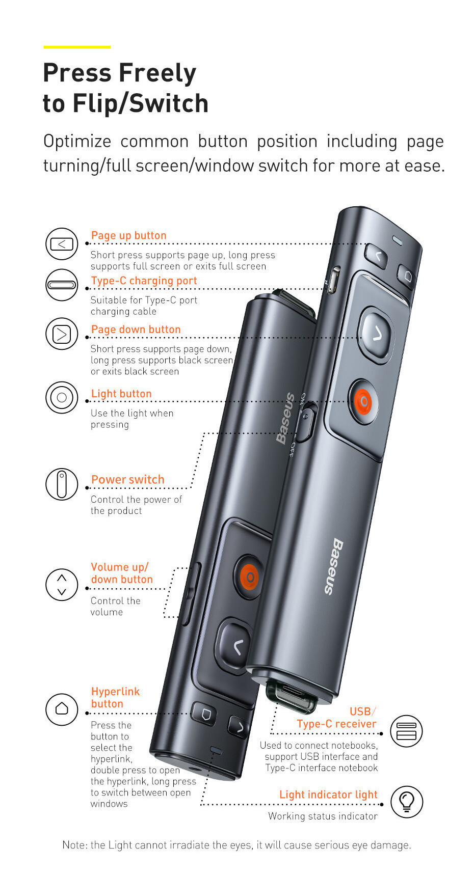 Baseus Red Laser Remote Controller Presenter Wireless Pen 2.4Ghz Type C ...