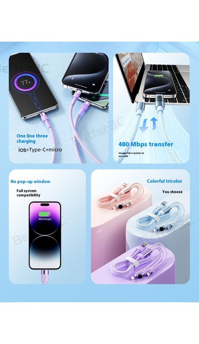 100W 3 in 1 cable fast charging with indicator light 6A Nylon weave usb ...