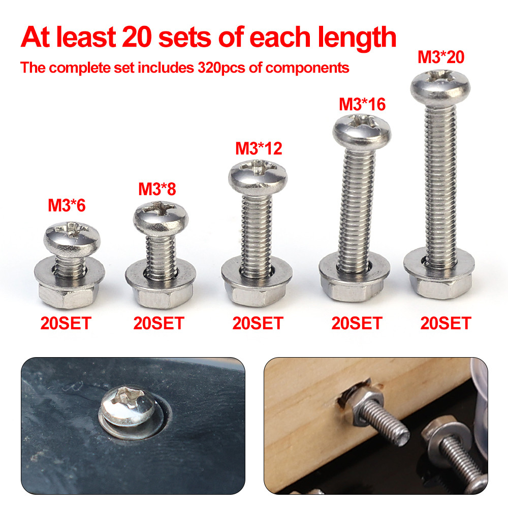 320Pcs/Box Stainless Steel M3 Screws Nuts Kit - Multi Size Metric Hex ...