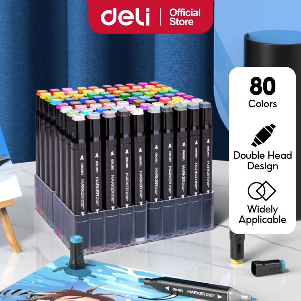 Deli Art Sketch Marker Set Twin Tip 80 Colours Chisel Brush Maker ...