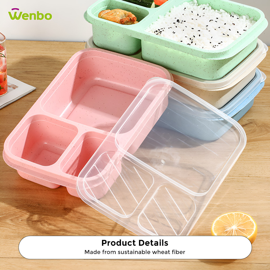 Wenbo Portable Three Grid Rectangle Wheat Straw Lunch Box Lightweight ...