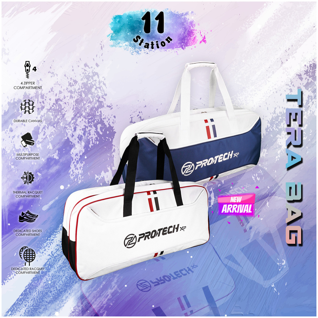 Protech 4 zips Stylelish Badminton Bag with Double Thermal Layer - Tera Series (Blue/White ...