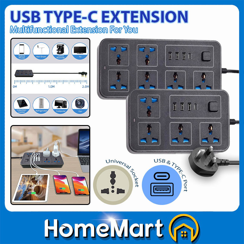 Power Socket Extension Plug With USB Port USB TYPE-C Wayar 2 Meter Wire ...