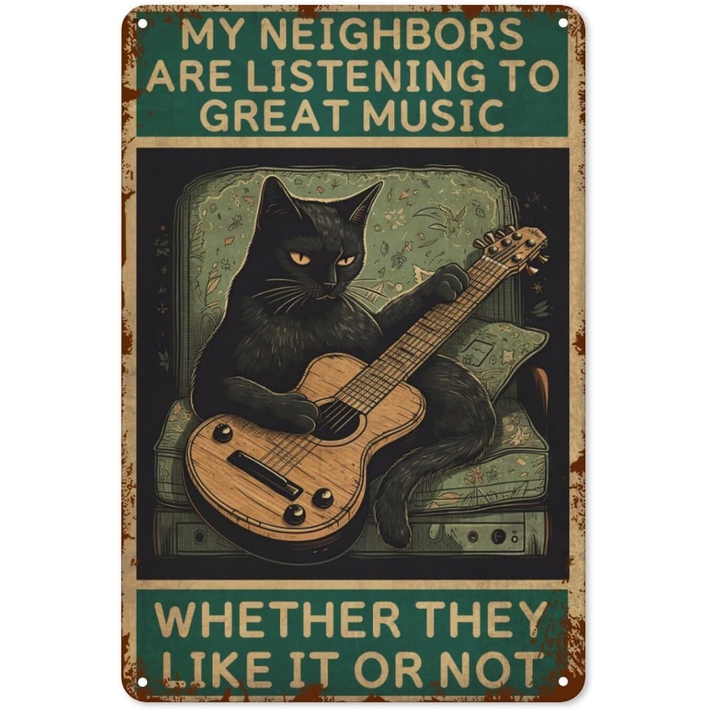 Funny Cat Guitar Metal Sign Vintage Rock Music Wall Decor Man Cave Tin ...