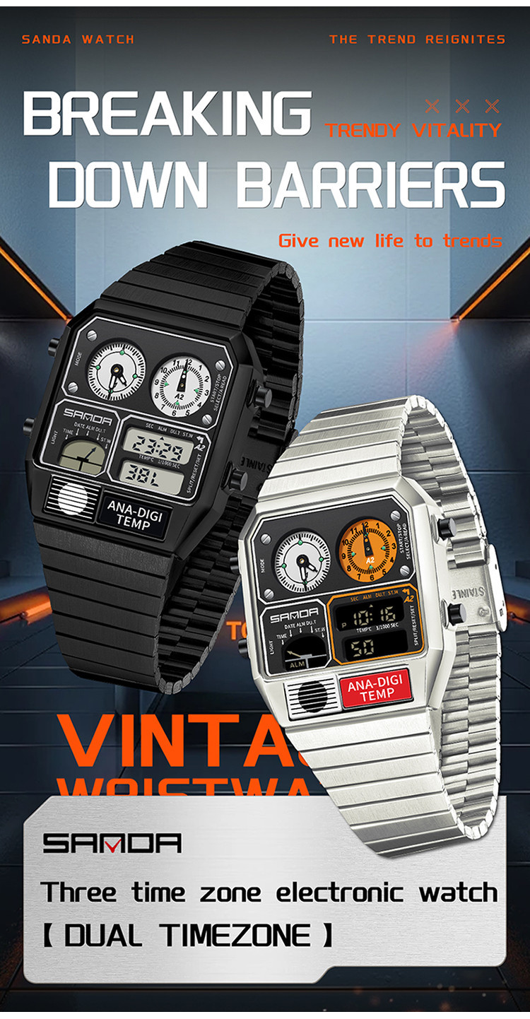 Sanda Retro Trendy Punk Dual Display Luminous Waterproof Electronic ...