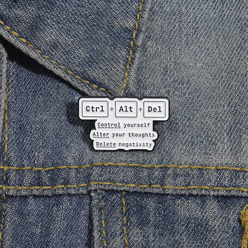 Cartoon Control Yourself Brooch Pins Creative Keyboard Text Pin Lapel ...