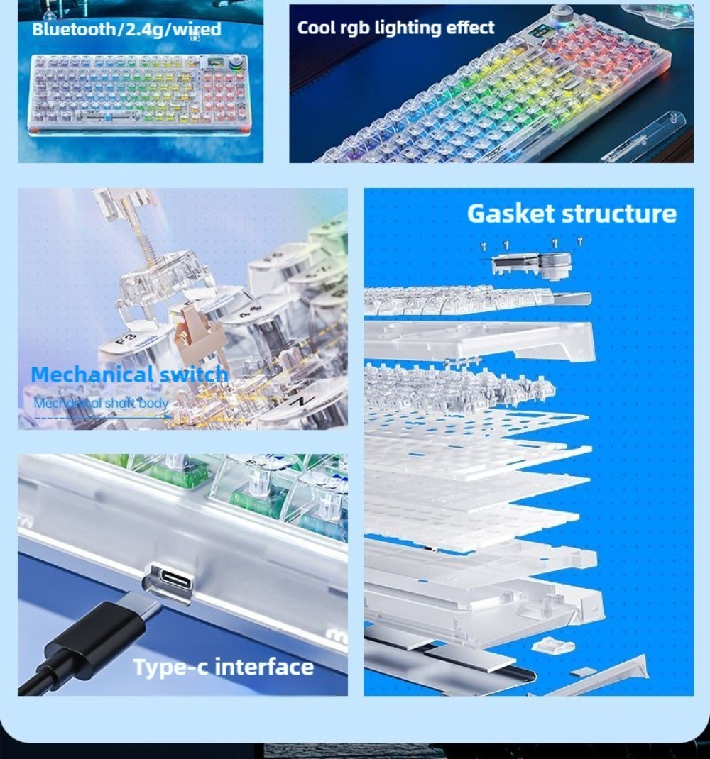 AULA F98 Pro Wireless Mechanical Keyboard Transparent RGB Full-key Hot Swappable BT5.0/2.4G ...