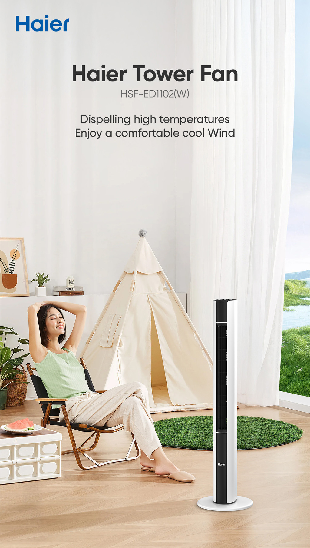 Haier Electric Tower Fan with LED Touch Control 15H Timer Cooling Stand ...