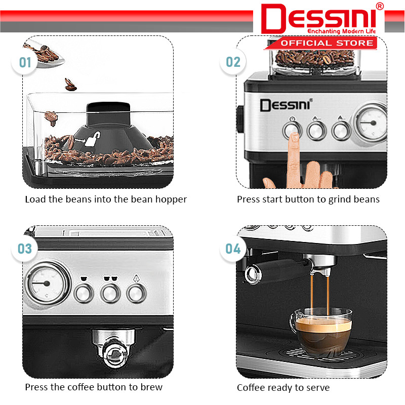 DESSINI ITALY 20 Bar 1.5L Espresso Coffee Maker Brew Cappuccino Latte ...