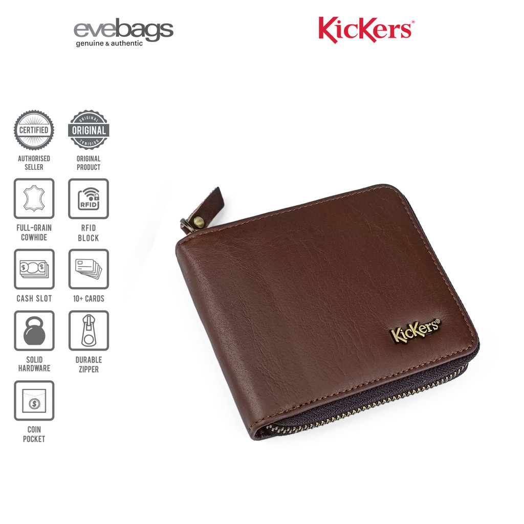 KICKERS Full Grain Cowhide RFID BLOCKING Mid Flip Zip Around Wallet ...