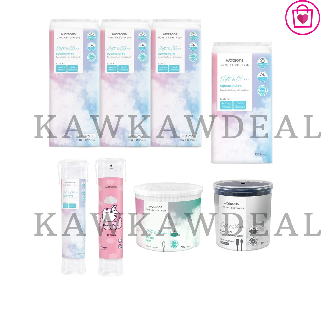 WATSONS Facial Cotton 100's Square Puffs Pusheen Face Cotton Buds 300's ...