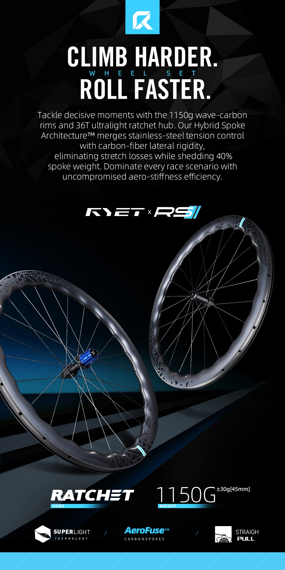 RYET 1150g Full Carbon Road Wheelset Ultra Lightweight Aero Disc Brake ...