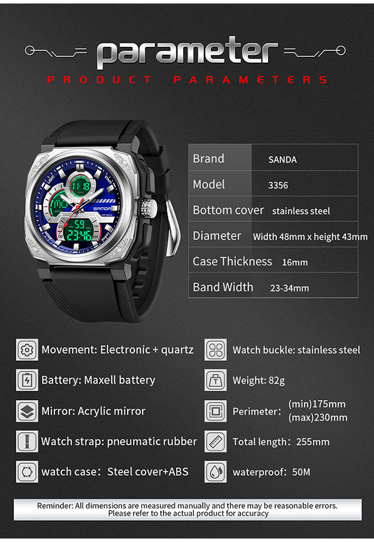 SANDA Square Dial Carved Pattern Personality Cool Sports Waterproof ...