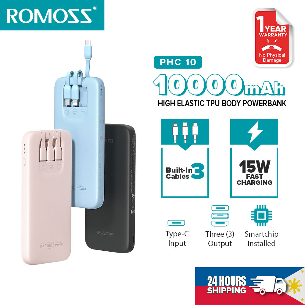 ROMOSS PHC10 10000mAh 15W Powerbank with Cord Built in Lightning / Type ...