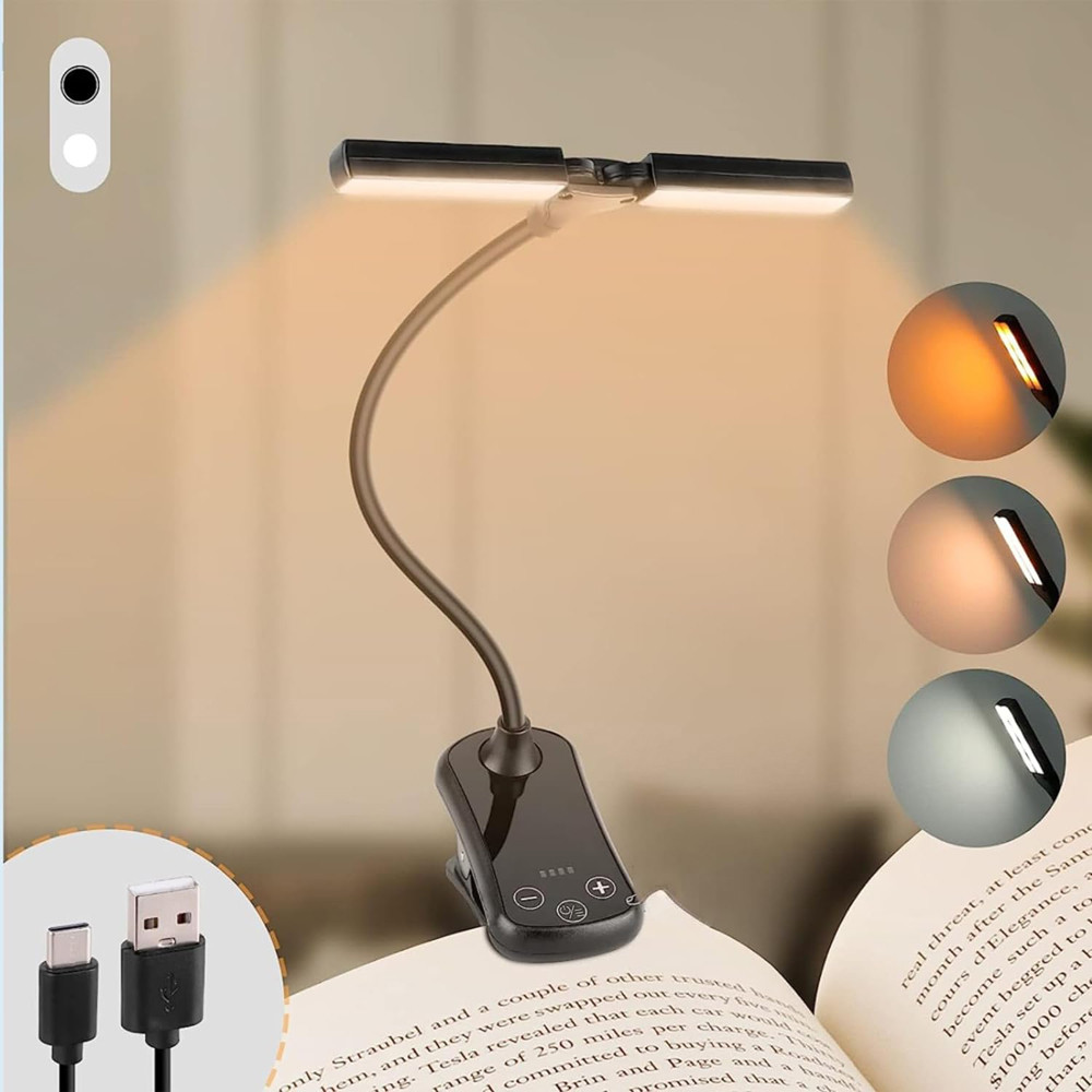 3 Colors 8 Brightness 14 LED Clip On Book Light Usb Rechargeable Night ...
