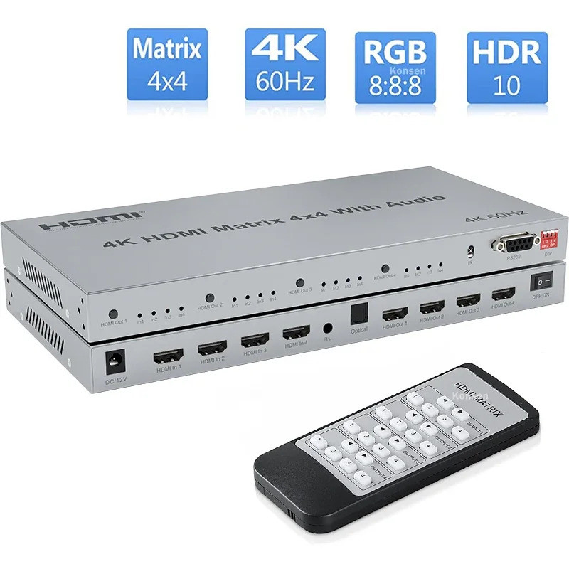 4K@60Hz HDMI Matrix Switch 4x4 with Audio Extractor 4 in 4 out HDMI 2.0 Matrix Switcher Splitter ...