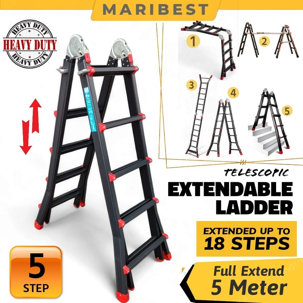 5 STEP Black Transformable Telescopic Extendable Ladder Heavy Duty ...