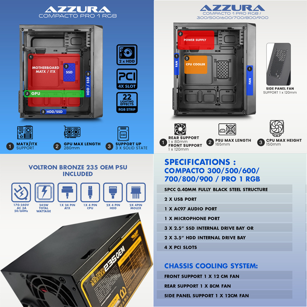 Alcatroz Azzura COMPACTO ATX PC Desktop Case with 235W Power Supply ...