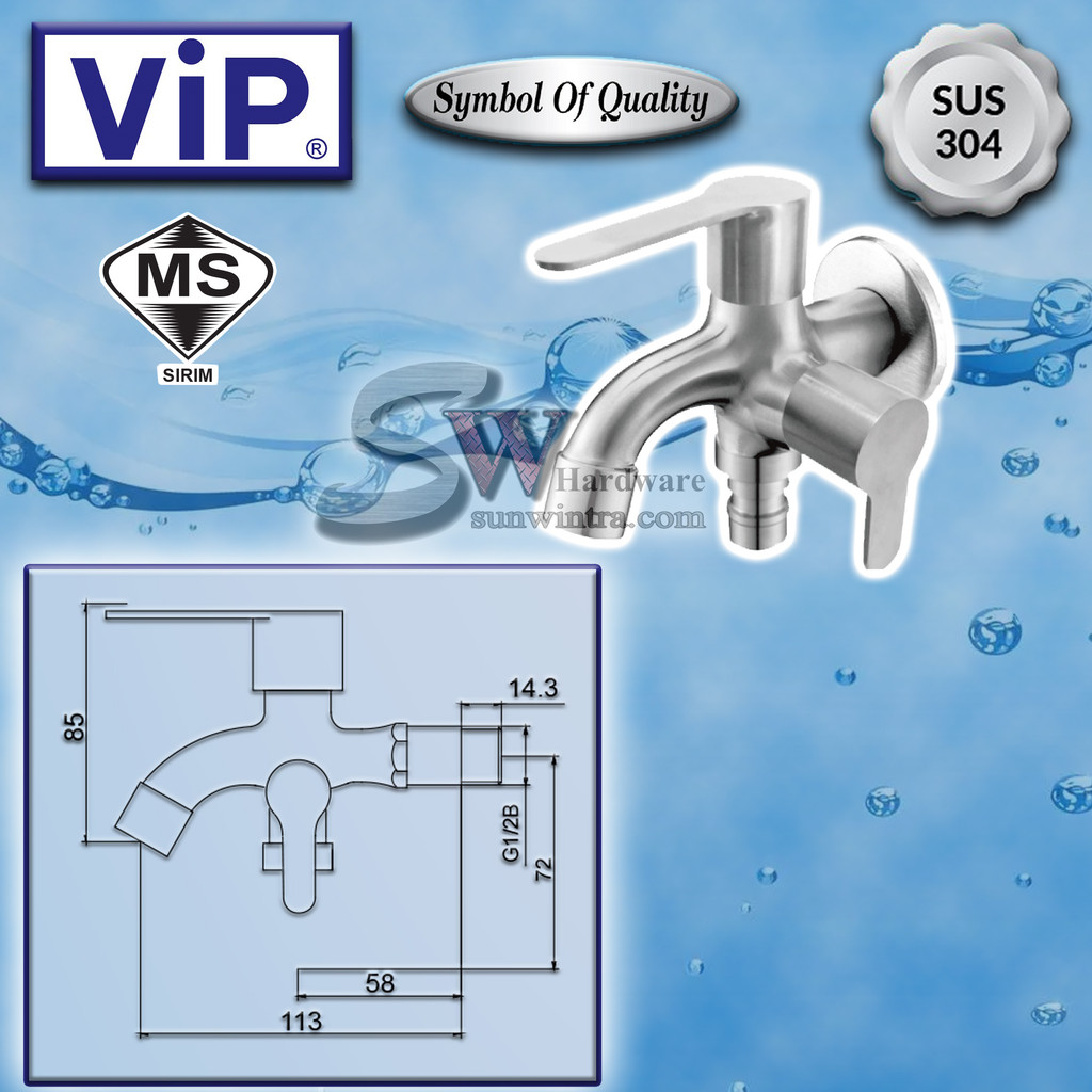 VIP SUS304 STAINLESS STEEL WALL TYPE 2-WAY BIB TAP #SS-2222 SS2222 TWO ...