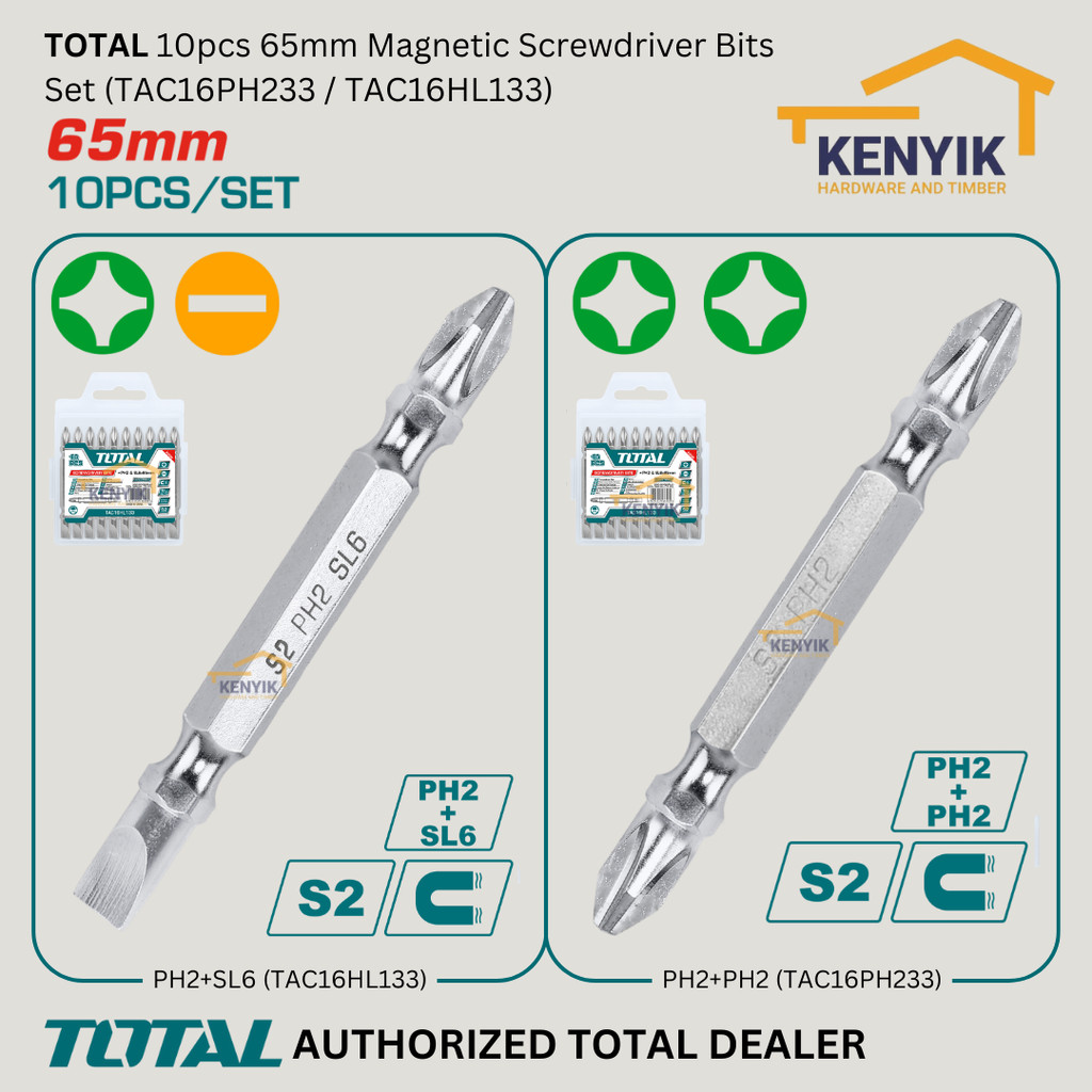 TOTAL 10pcs 65mm Magnetic Screwdriver Bits Set (TAC16PH233 / TAC16HL133) | Shopee Malaysia