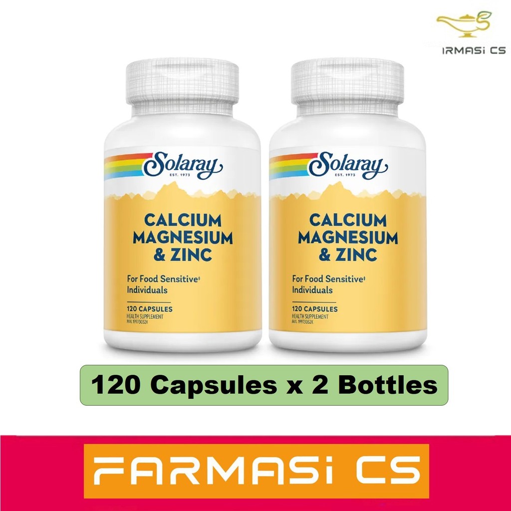 Solaray Calcium Magnesium & Zinc 120 Capsules x 2 Bottles (TWIN) EXP:08 ...