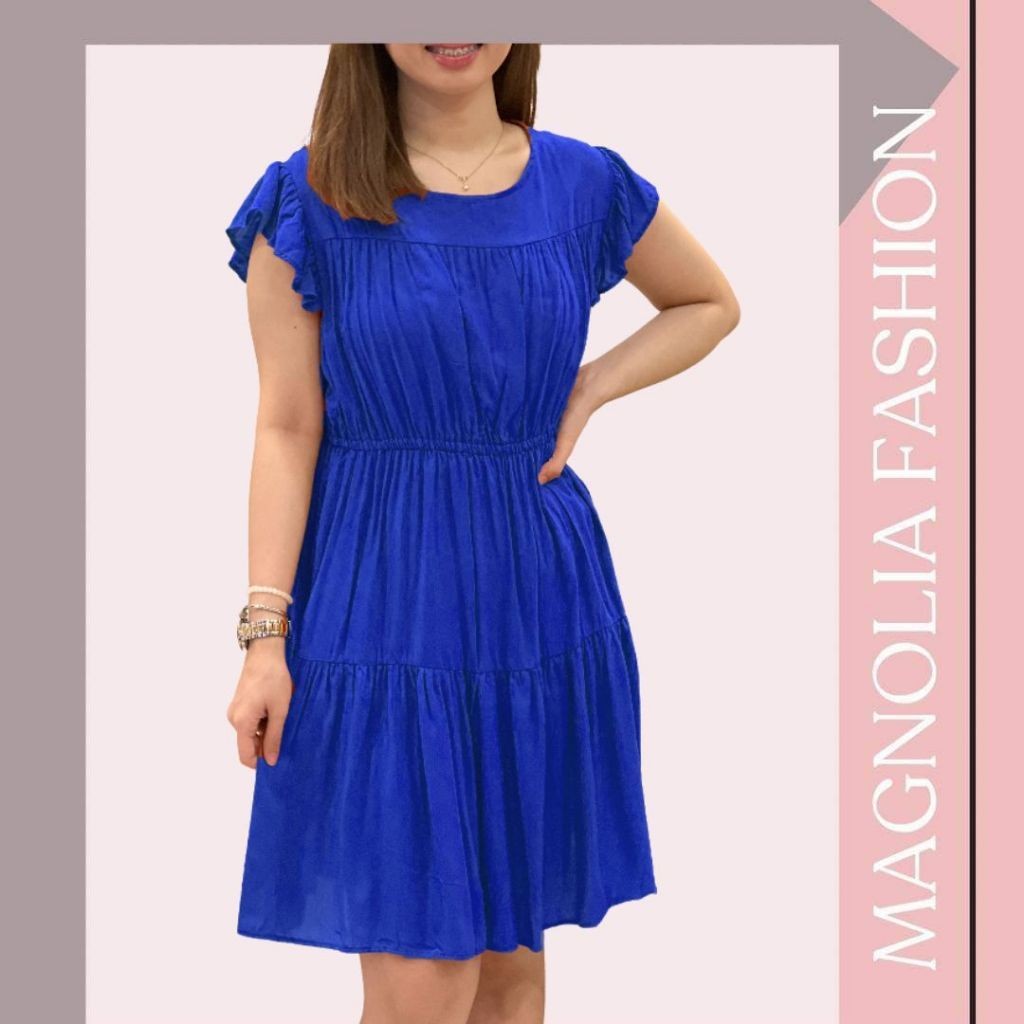 , MF Korean Casual Petite Garterized Waist Ruffles Sleeves Tiered Midi ...