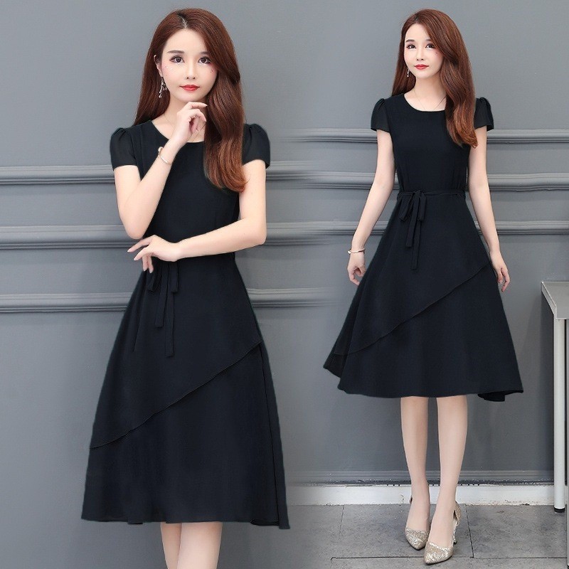 Ready Stock Women Short Sleeve Dress Tie Wasit Pleated Hem Casual Midi Dress M-4XL, A-Line Dress ...